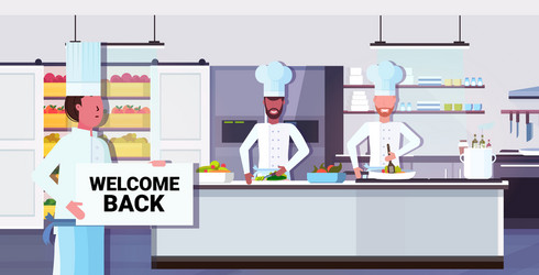 Chef cooks holding welcome back sign board Vector Image