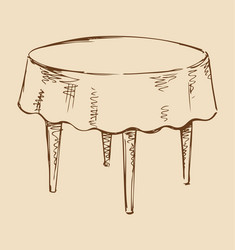 Wooden round table with tablecloth in cartoon Vector Image