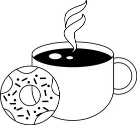 Coffee cup and donut black white Royalty Free Vector Image