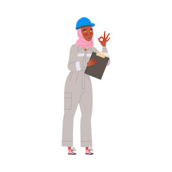 Muslim woman character in hijab sitting at desk Vector Image