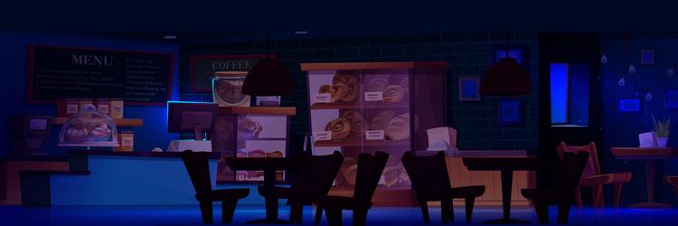 Night bakery counter in cafe store interior Vector Image