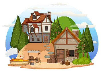 Ancient medieval village scene with villagers Vector Image