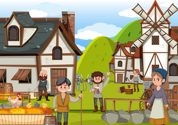 Ancient medieval village scene with villagers Vector Image