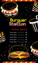Colored fast food menu with different burger items