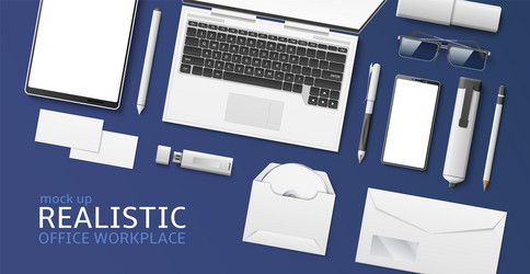 Office stationery realistic laptop top view pc Vector Image