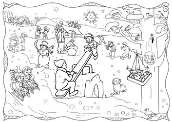 Printable winter scene coloring page Royalty Free Vector