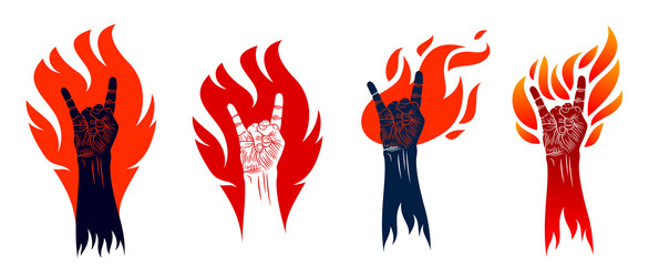Rock hand sign on fire hot music and roll Vector Image