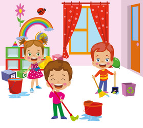 Students cleaning up school classrooms Royalty Free Vector
