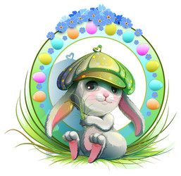 Easter wreath of green grass with eggs and rabbit Vector Image