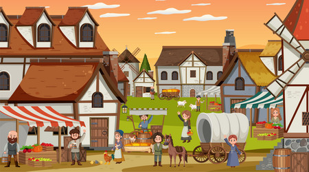 Medieval town scene with villagers Royalty Free Vector Image