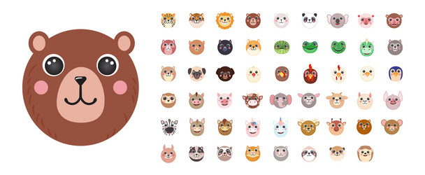 Round animals heads set cute portraits with text Vector Image