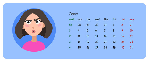Female user profile calendar for month Royalty Free Vector