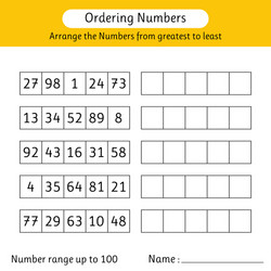 Ordering numbers worksheet arrange the numbers Vector Image