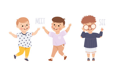 Little boy friends meeting together demonstrating Vector Image