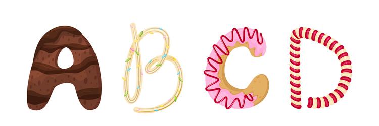 Delicious candy and sweet pastry alphabet Vector Image