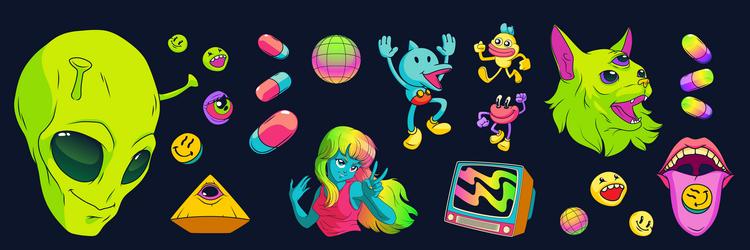 Psychedelic retro rave stickers with funny patches