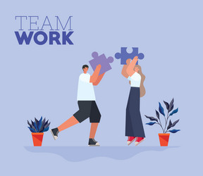 Team work lettering and man and woman with one Vector Image
