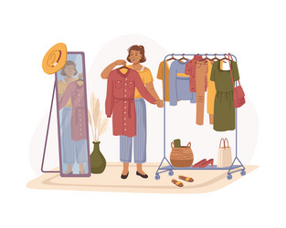 Woman choosing clothes from wardrobe closet home Vector Image