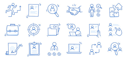 Doodle line icon set work business job search Vector Image