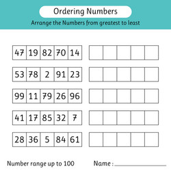 Ordering numbers worksheet arrange numbers Vector Image