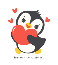 Cute penguins holding heart cartoon drawing Vector Image