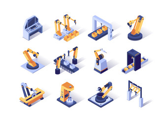 Industrial robots isometric machines assembly Vector Image