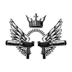 Two guns and wings with king crown design element Vector Image