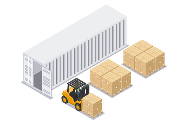 Isometric forklift unloading stacked boxes Vector Image