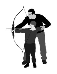 Dad teaches his son to hold bow and arrow Vector Image