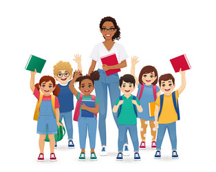 Kindergarten teacher with children - cartoon Vector Image