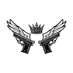 Two guns and wings with king crown design element Vector Image