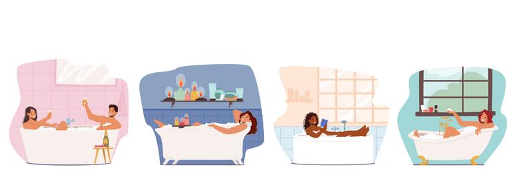 People characters bathing in the bathtub scrubbing