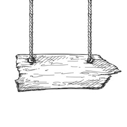 Hand drawn wooden sign board hanging on rope Vector Image
