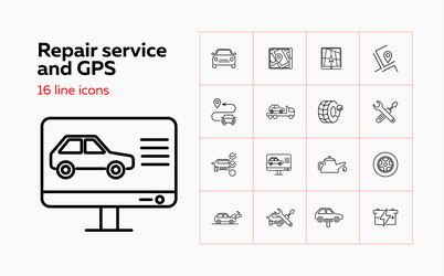 Repair service and gps line icon set Royalty Free Vector