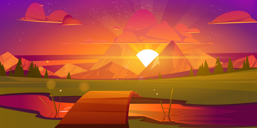 Cartoon nature landscape beautiful sunset at field
