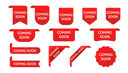 Coming soon promo labels red ribbons bage Vector Image
