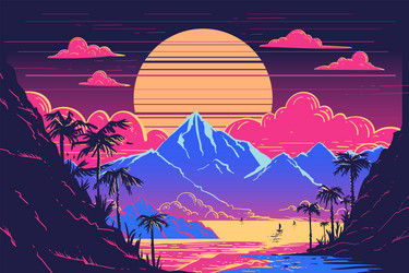 Forest vintage night mountains landscape 90s Vector Image