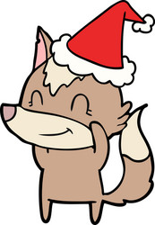 Friendly line drawing of a wolf wearing santa hat Vector Image