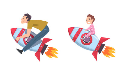 Man and woman flying on space rocket moving upward