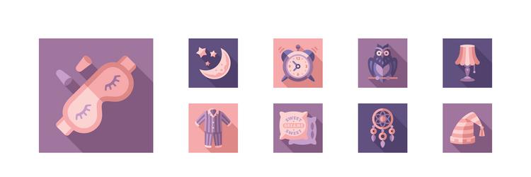 Sleep time flat icons and object in square shape Vector Image