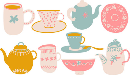Cute tea set tea party elements with teapot Vector Image
