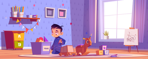 Joyful child boy character sitting on the floor Vector Image