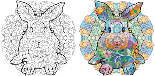 Spring rabbit on mandala coloring page for adult Vector Image