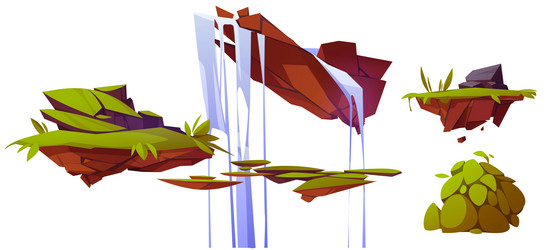 Floating land platform with grass tree waterfall Vector Image