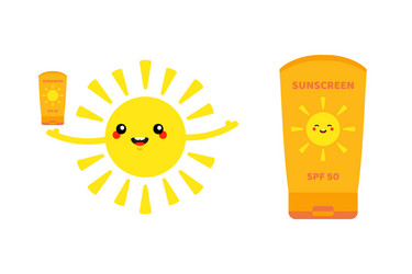Sun character with bottles of sunscreen frame Vector Image