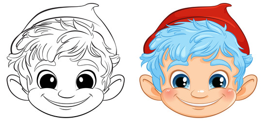 Colorful and line art of a smiling elf face Vector Image