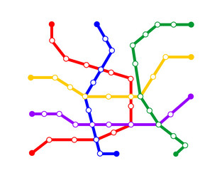 Metro map with many colored way lines and stations