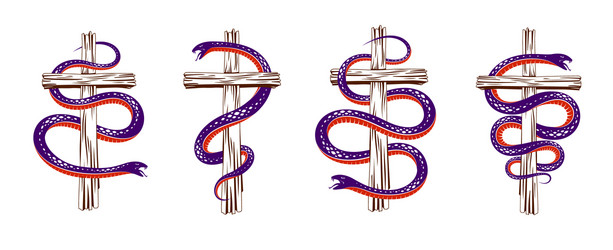 Snake wraps around christian cross struggle Vector Image