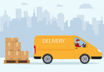 Delivery concept fast van man Royalty Free Vector Image