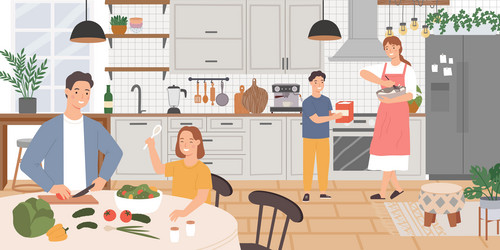Happy family cooking mother and father with kids Vector Image